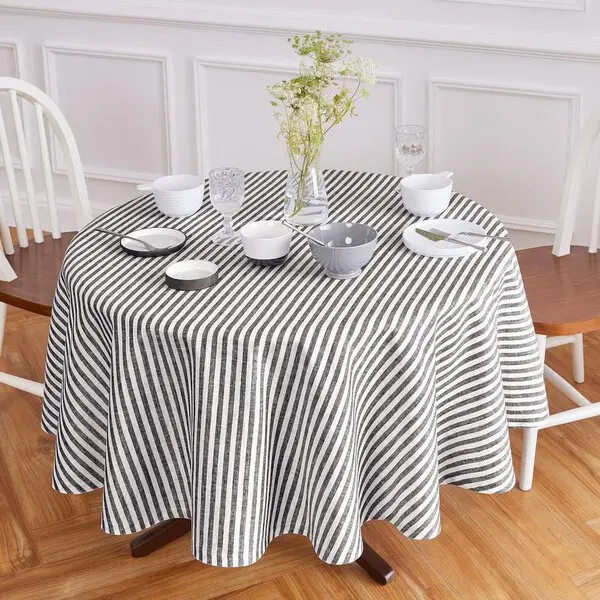 SOLINO HOME Linen Round Tableclothamalfi Stripe - Black And White