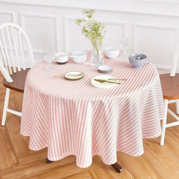 SOLINO HOME Linen Round Tableclothamalfi Stripe - Coral And White