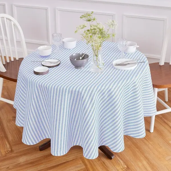 SOLINO HOME Linen Round Tableclothamalfi Stripe - Sky Blue And White