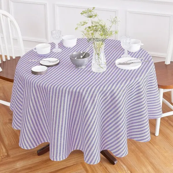 SOLINO HOME Linen Round Tableclothamalfi Stripe - Violet And White