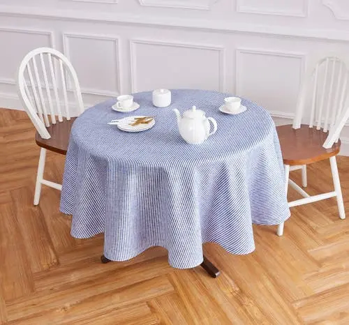 SOLINO HOME Linen Round Tableclothnarrow Stripe - Navy And White
