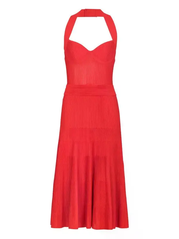 Balmain Halterneck Pleated Knitted Dress - Red