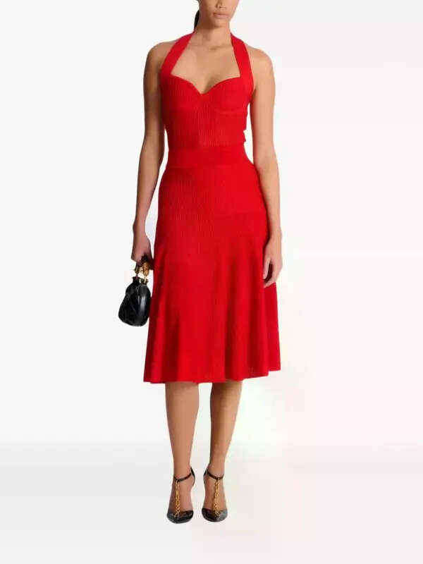 Balmain Halterneck Pleated Knitted Dress - Red