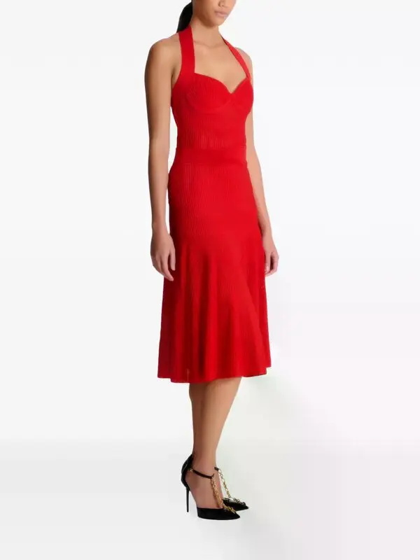 Balmain Halterneck Pleated Knitted Dress - Red