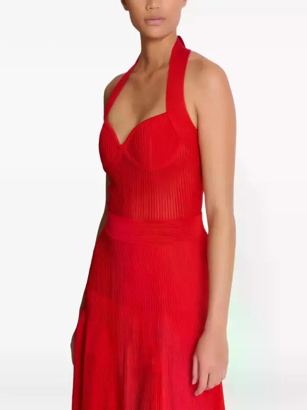 Balmain Halterneck Pleated Knitted Dress - Red
