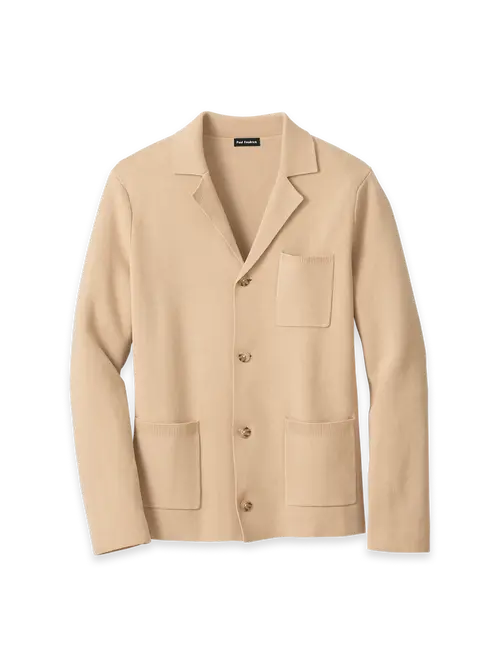 PAUL FREDRICK Cotton Notch Lapel Cardigan Sweater - Tan