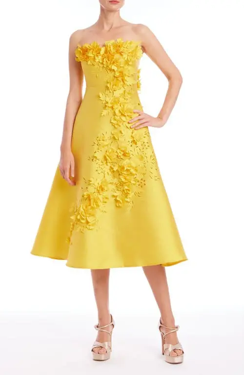 Badgley Mischka Floral Appliqué Strapless Cocktail Dress - Marigold