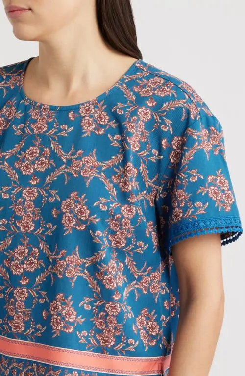 CITY BLUES Floral Woven Top - Cadet Blue/dusty Pink