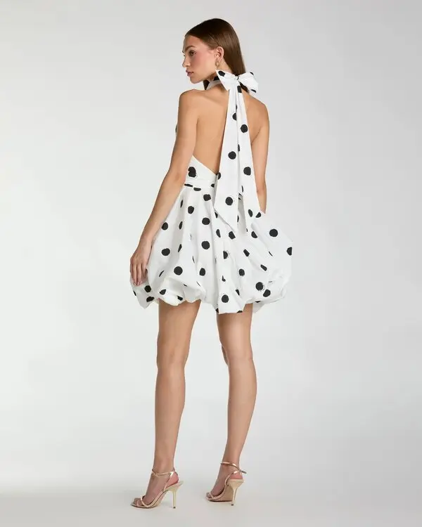 Mac Duggal Halter Neck Polka Dot Bubble Mini Dress - Black Ivory