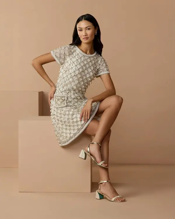 MAC DUGGAL COLLECTION Embellished Short Sleeve Mini Dress - Oyster