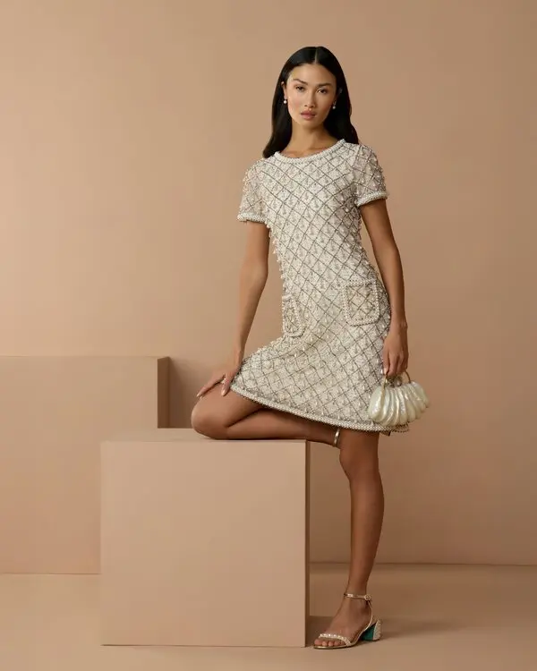 MAC DUGGAL COLLECTION Embellished Pearl And Crystal Mini Dress