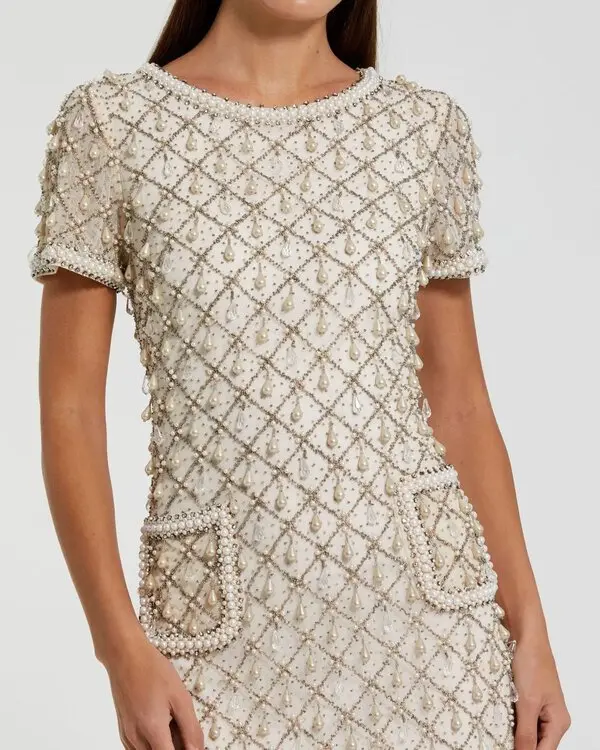 MAC DUGGAL COLLECTION Embellished Pearl And Crystal Mini Dress