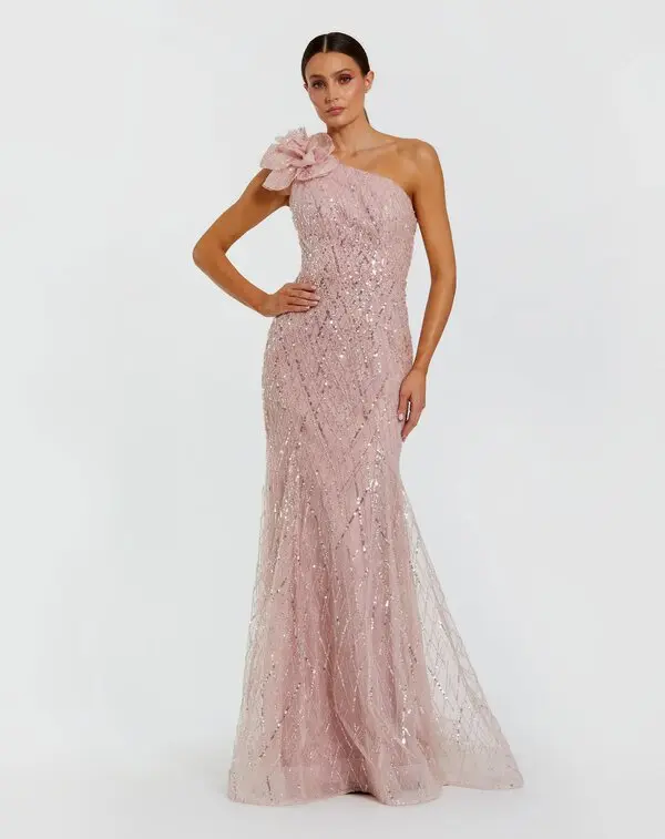 Mac Duggal Beaded One-shoulder Mermaid Gown With Floral Appliqu