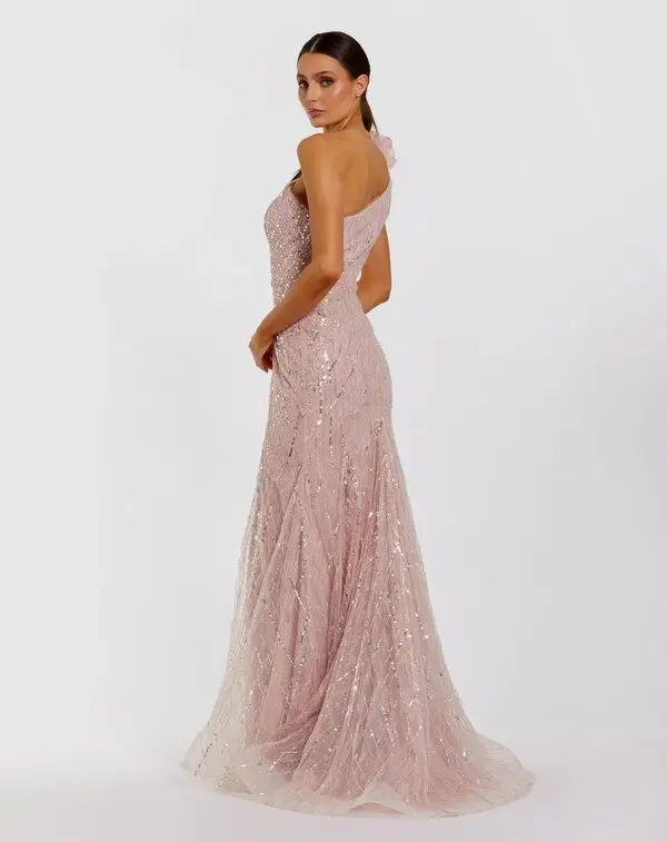 Mac Duggal Beaded One-shoulder Mermaid Gown With Floral Appliqu