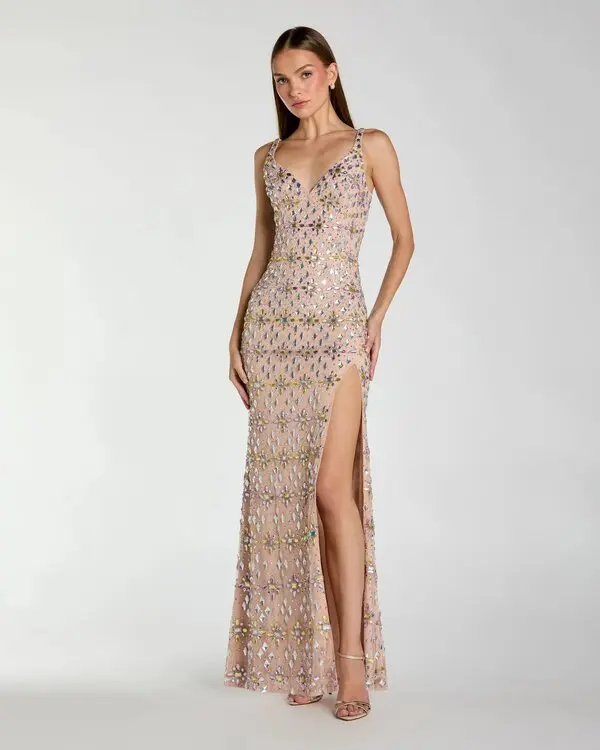 Mac Duggal Embellished Column Gown With Slit