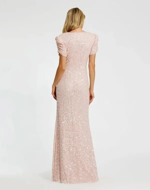 Mac Duggal Petite Gathered Short Sleeve Embellished Gown - Pink