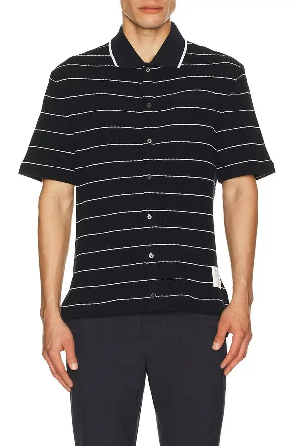 Thom Browne Short Sleeve Button Down Shirt In Blue - Navy & White