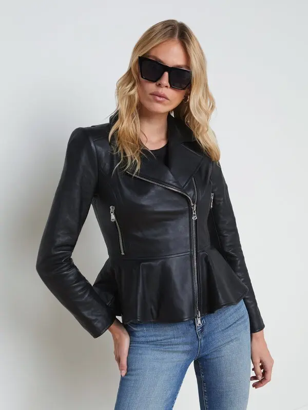 L'Agence Lyric Leather Peplum Biker Jacket - Black