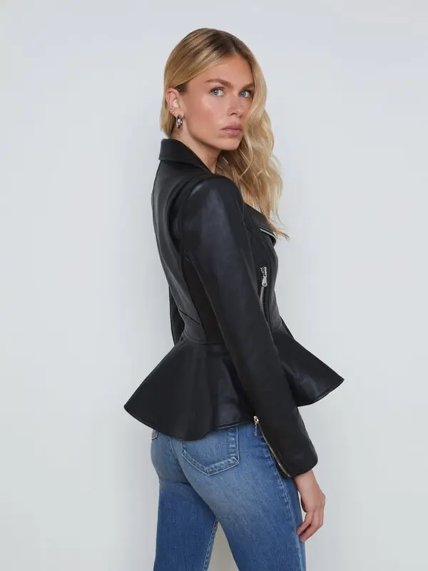 L'Agence Lyric Leather Peplum Biker Jacket - Black