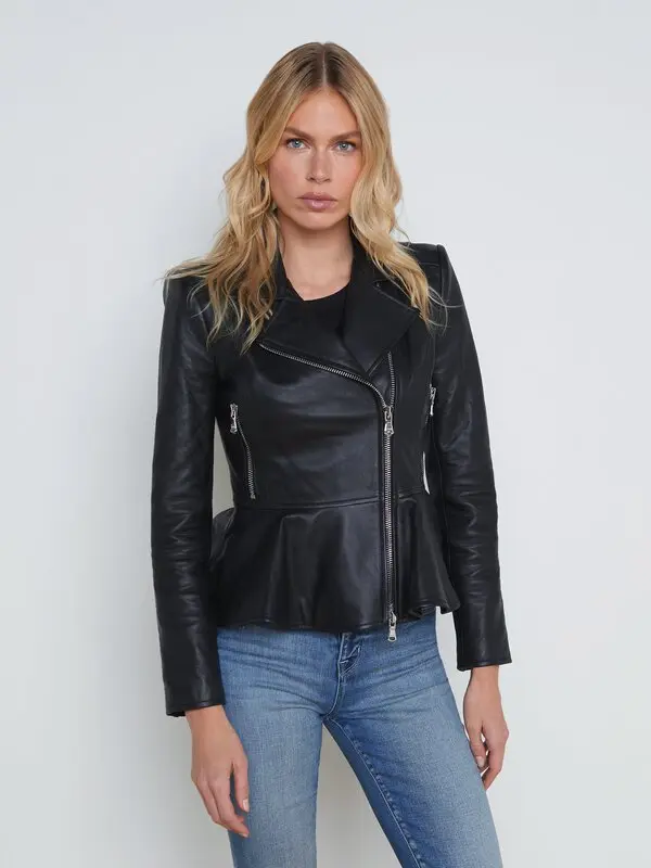 L'Agence Lyric Leather Peplum Biker Jacket - Black