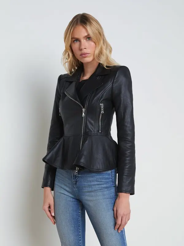 L'Agence Lyric Leather Peplum Biker Jacket - Black