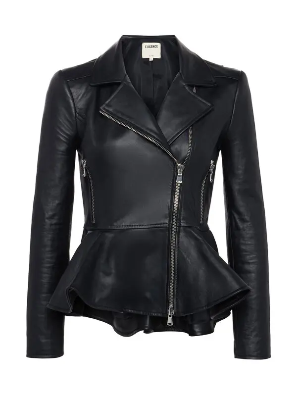 L'Agence Lyric Leather Peplum Biker Jacket - Black
