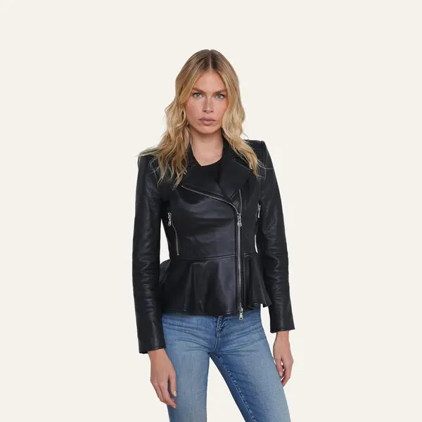L'Agence Lyric Leather Peplum Biker Jacket - Black