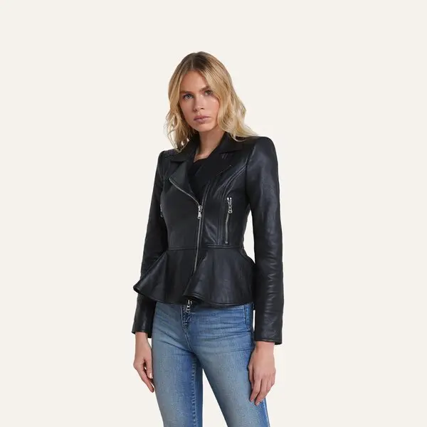L'Agence Lyric Leather Peplum Biker Jacket - Black