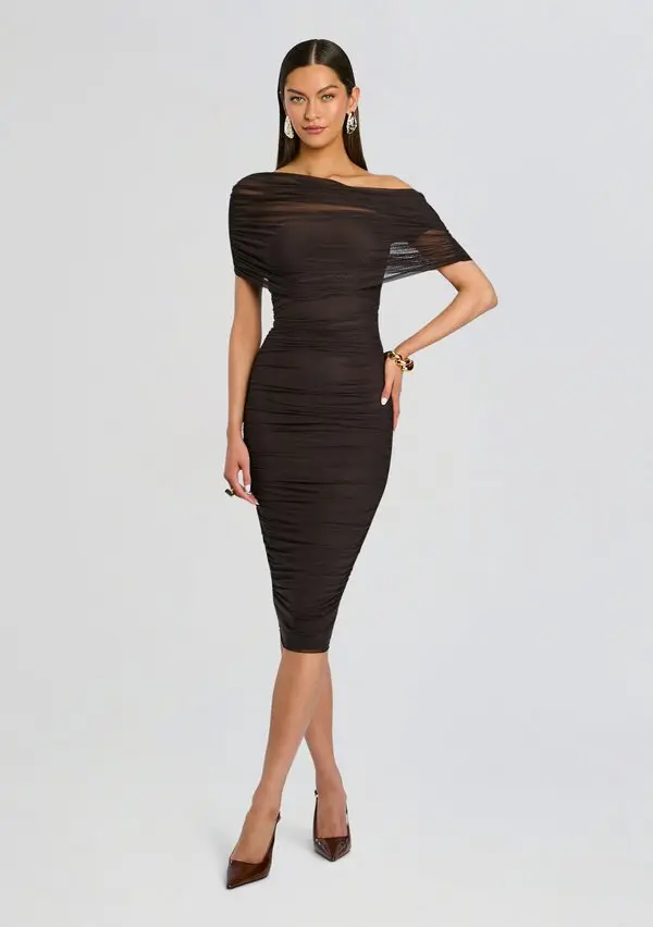 SEROYA Nyssa Mesh Midi Dress - Ash Brown