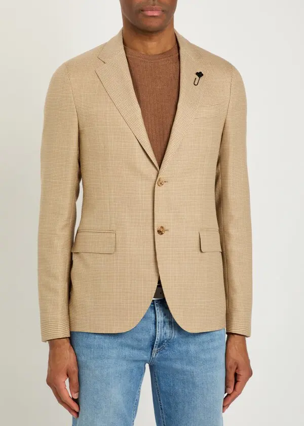 LARDINI Houndstooth Wool And Cotton-blend Blazer - Tan