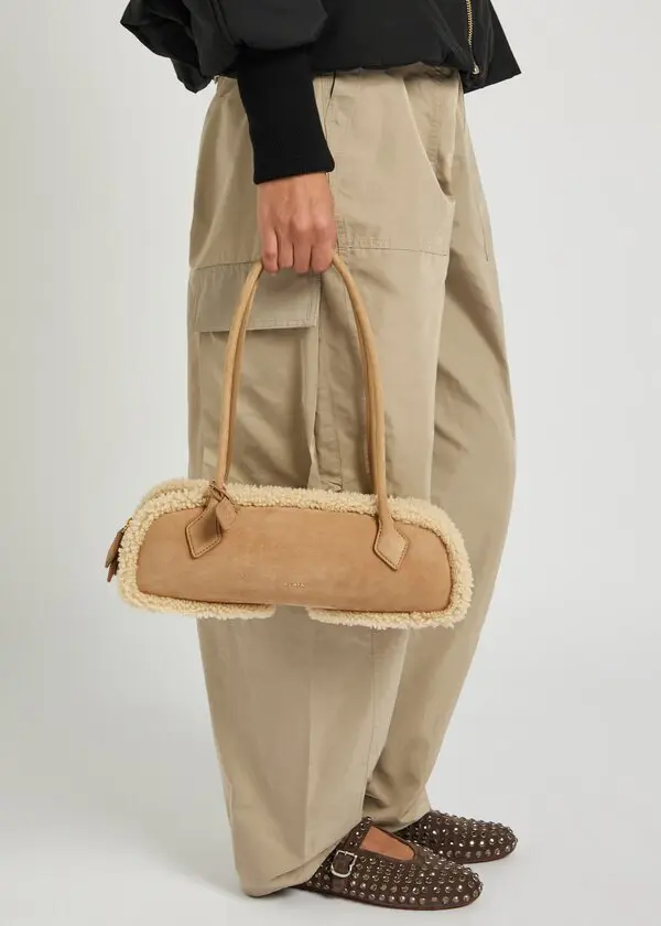Alaïa Le Teckle Medium Shearling-trimmed Suede Shoulder Bag