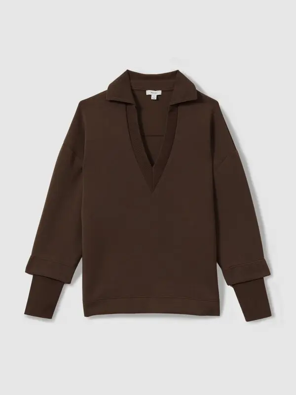REISS Premium Interlock Open-collar Sweatshirt - Chocolate