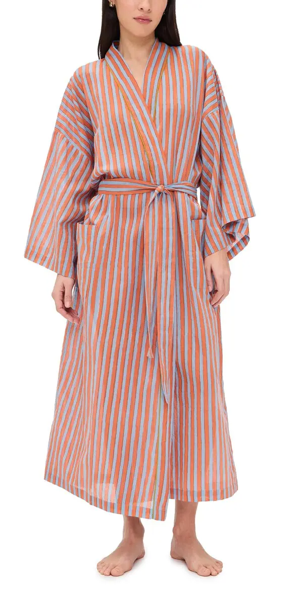 FOLKLOORE Striped Robe - Blue & Orange Stripes W/ Green