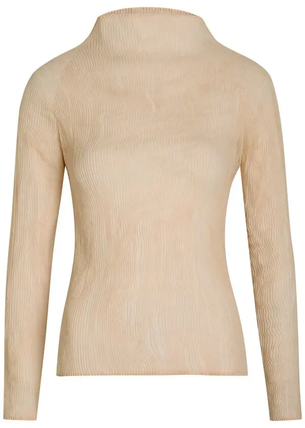 Issey Miyake Pleated Mock Neck Sheer Chiffon Top - Beige
