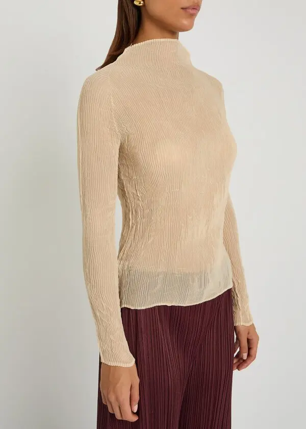 Issey Miyake Pleated Mock Neck Sheer Chiffon Top - Beige
