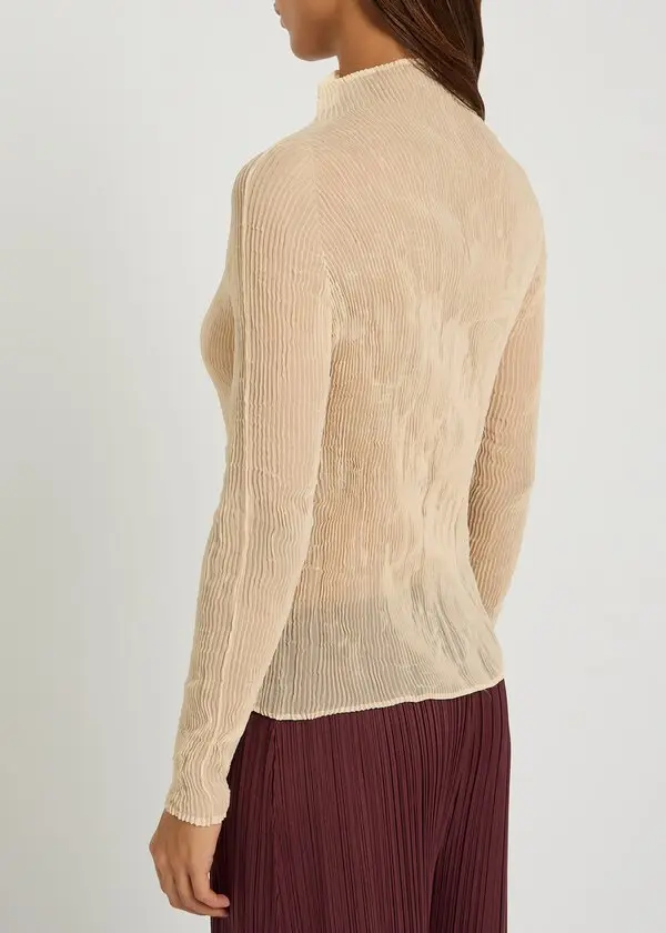 Issey Miyake Pleated Mock Neck Sheer Chiffon Top - Beige