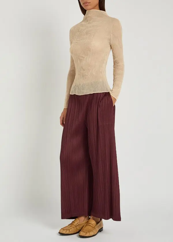 Issey Miyake Pleated Mock Neck Sheer Chiffon Top - Beige