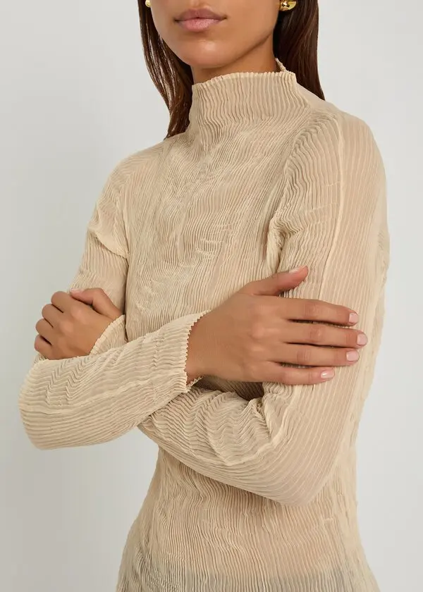 Issey Miyake Pleated Mock Neck Sheer Chiffon Top - Beige