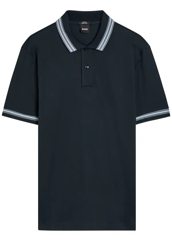BOSS Striped Trims Cotton Polo Shirt - Navy