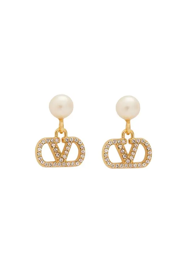 Valentino Garavani Vlogo Pearl And Crystal Earrings - Gold