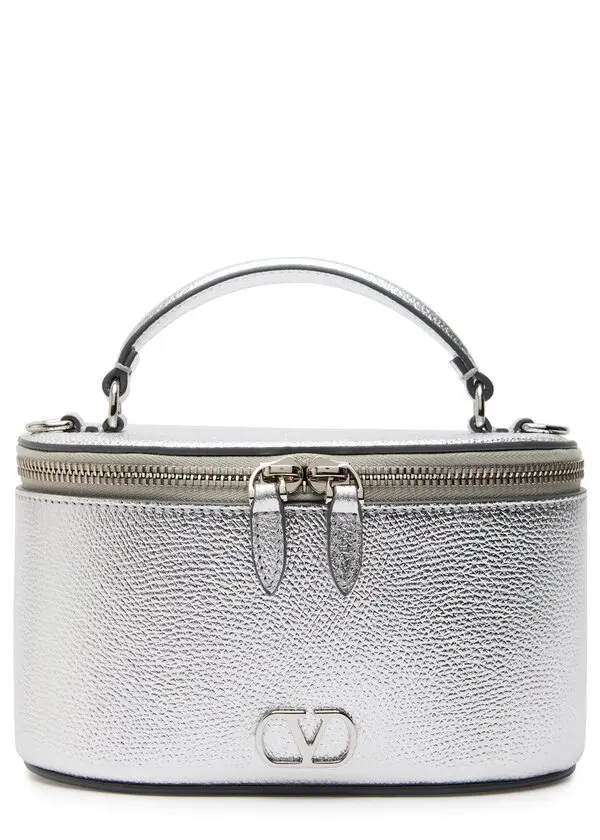Valentino Garavani Vlogo Metallic Grained Leather Vanity Case - Silver