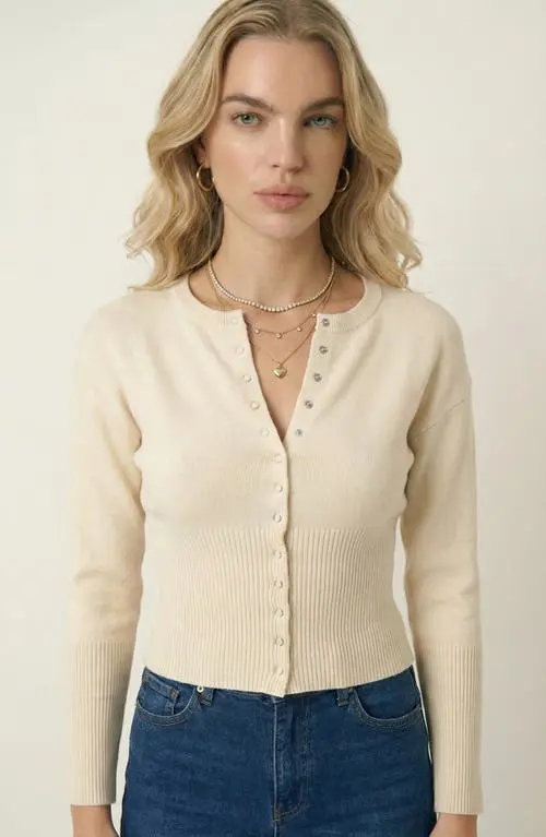 MODENAIRE Fitted Pearlized Button Ribbed Cardigan - Ivory