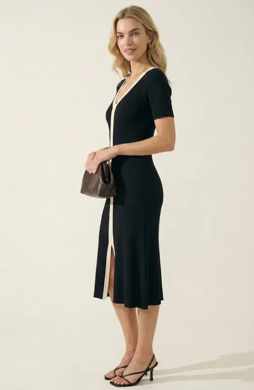 MODENAIRE Ribbed Knit Contrast Placket Midi Dress