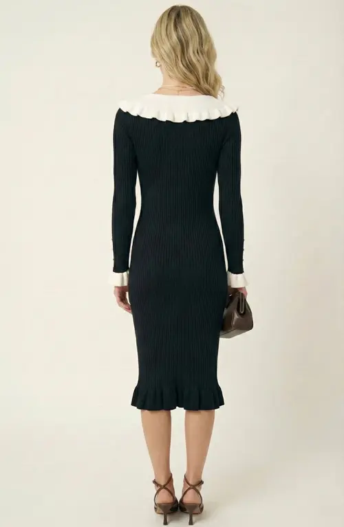 MODENAIRE Ribbed Knit Ruffled Collar Midi Dress