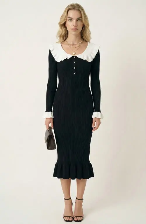 MODENAIRE Ribbed Knit Ruffled Collar Midi Dress