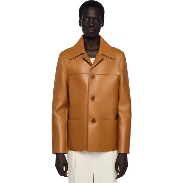 Sandro Buttoned Lambskin Leather Jacket - Camel