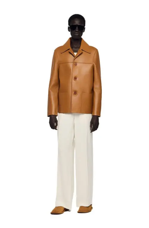 Sandro Buttoned Lambskin Leather Jacket - Camel