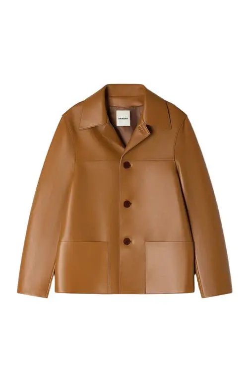 Sandro Buttoned Lambskin Leather Jacket - Camel