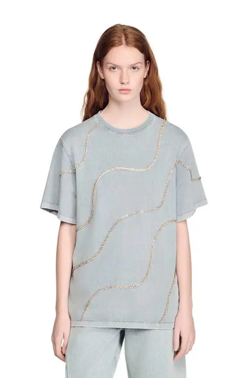 Sandro Rhinestone Embellished T-shirt - Grey