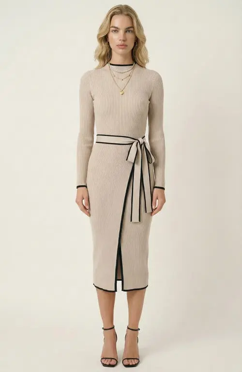 MODENAIRE Ribbed Knit Tie Waist Midi Dress
